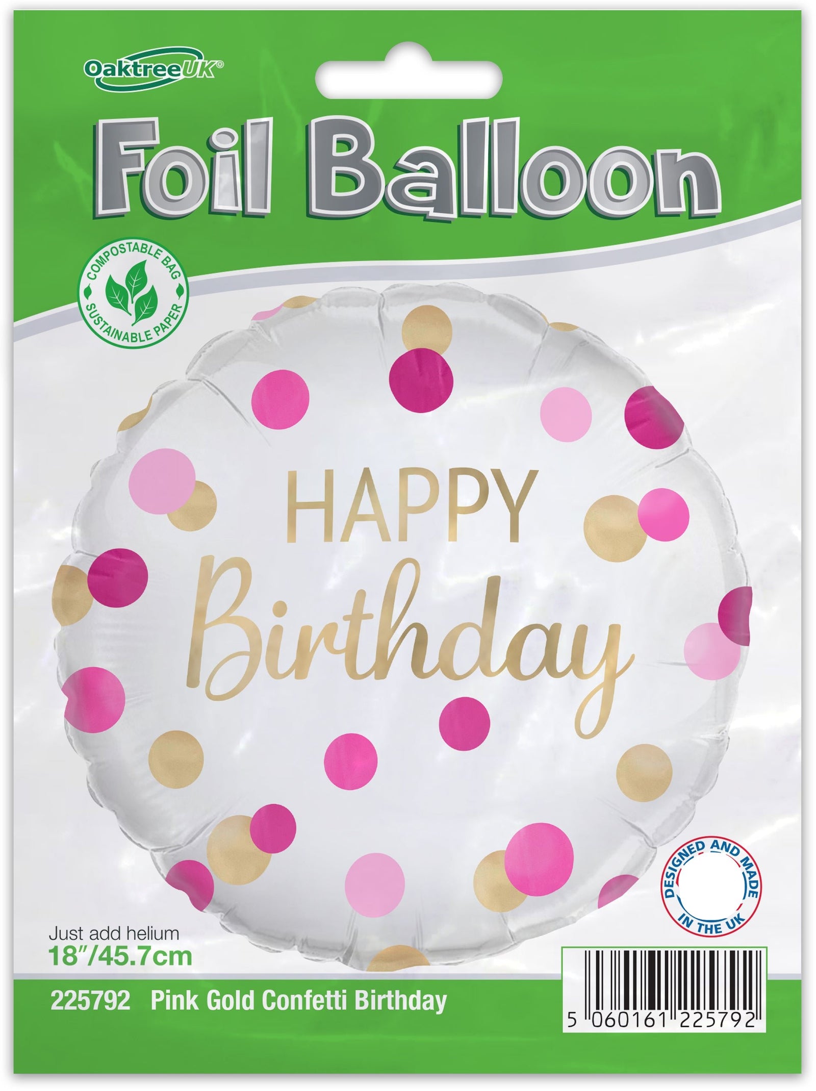 18" Pink Gold Confetti Happy Birthday Foil Balloon