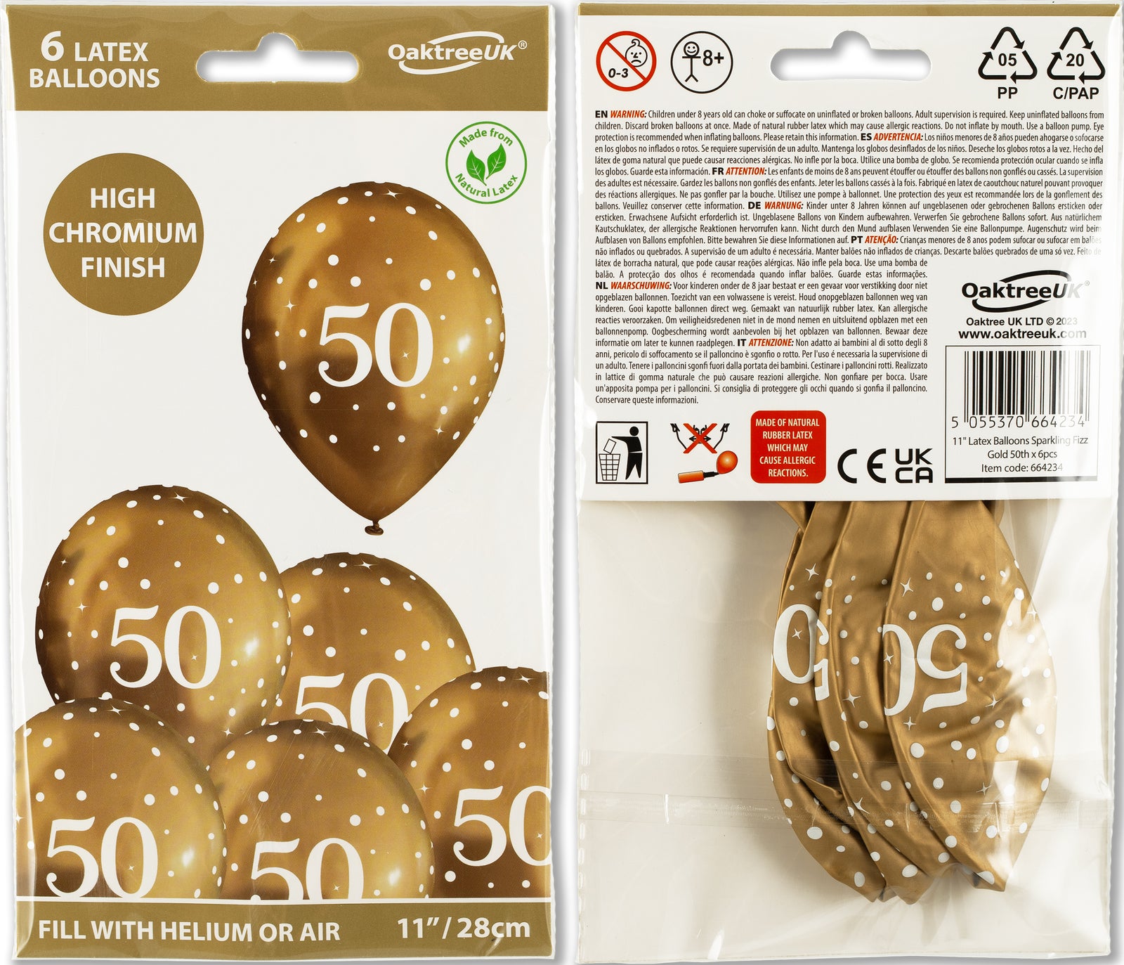 11" Oaktree Sparkling Fizz Gold 50th Birthday Latex Balloons 6 Per Pack