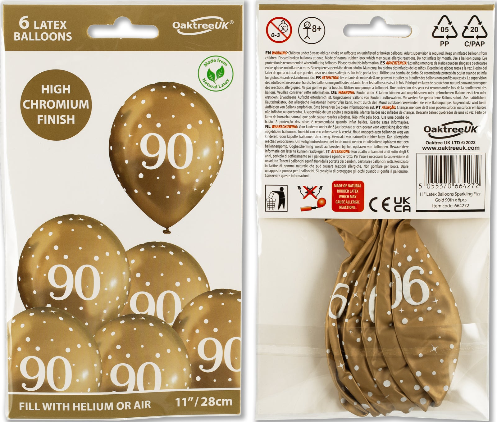 11" Oaktree Sparkling Fizz Gold 90th Birthday Latex Balloons 6 Per Pack