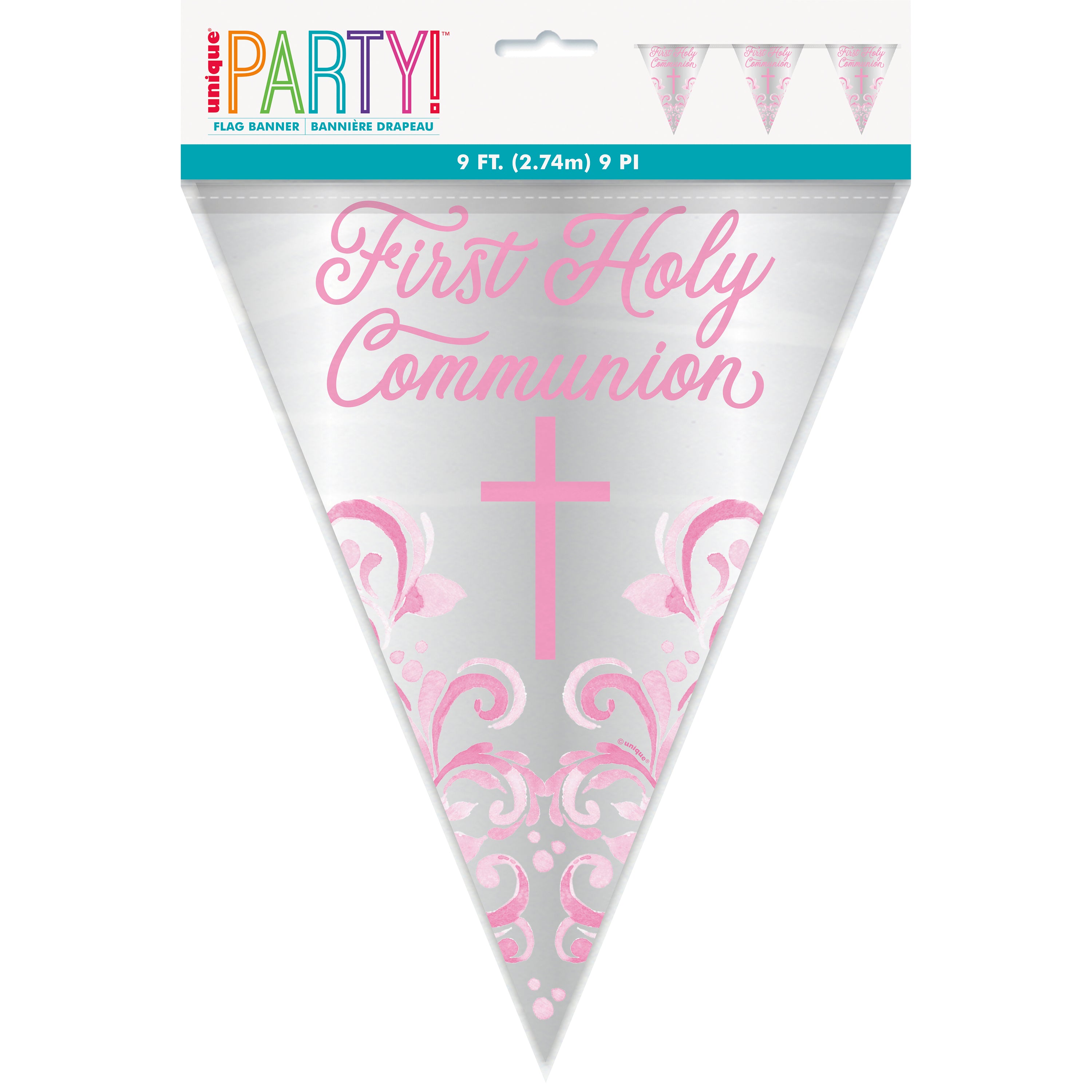 9FT Pink Holy Cross First Holy Communion Foil Flag Bunting Banner