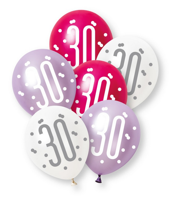 12" Glitz Pink Number 30 Pearl Latex Balloons 6 Per Pack