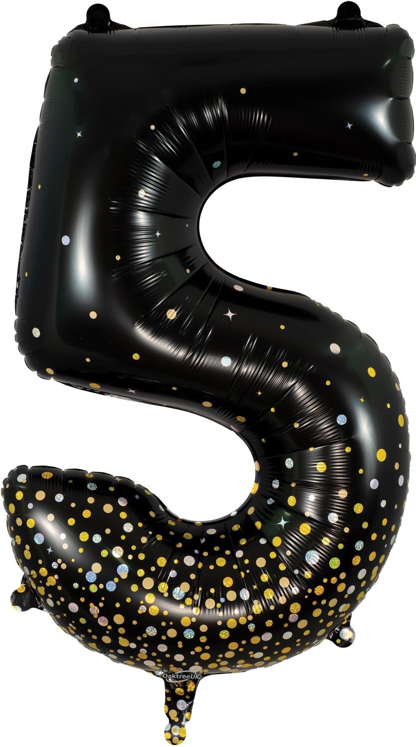 34" Large Number 5 Sparkling Fizz Black Gold Holographic Foil Balloon ...