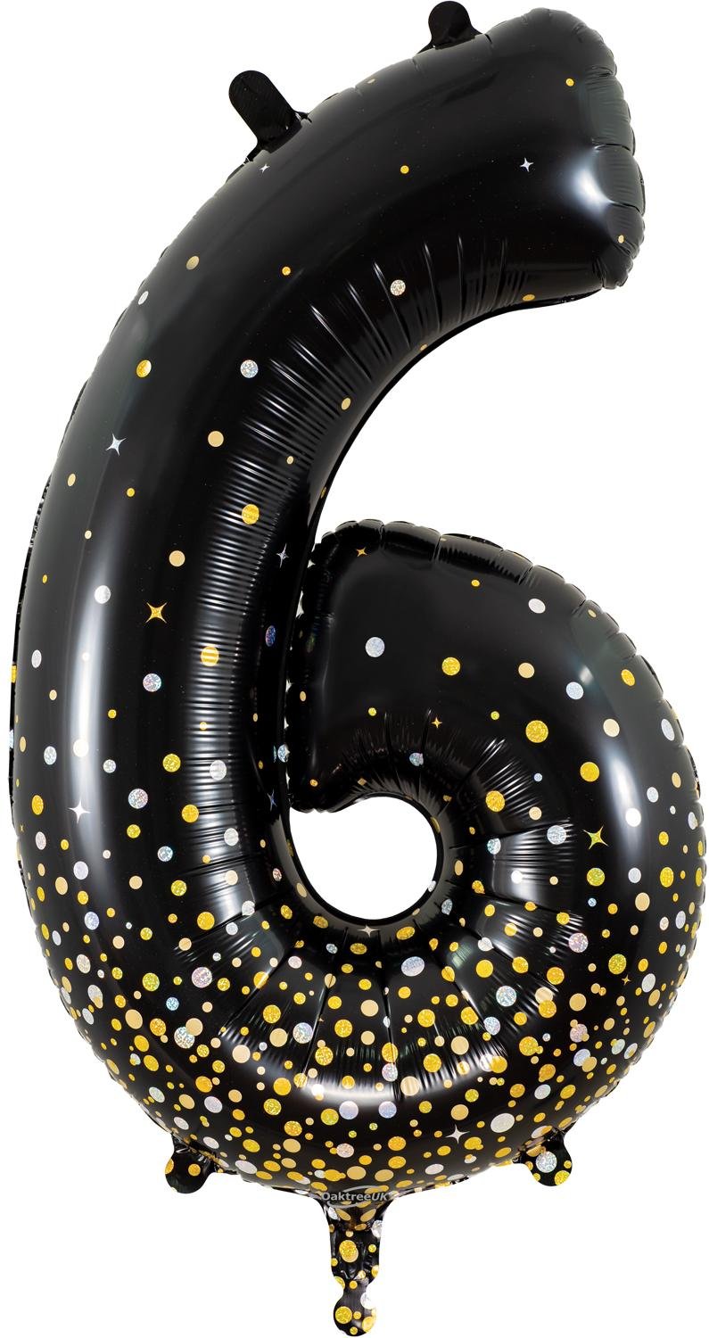 34" Large Number 6 Sparkling Fizz Black Gold Holographic Foil Balloon ...
