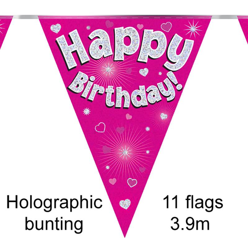 BUNTING: HAPPY BIRTHDAY PINK HOLOGRAPHIC 11 FLAGS 3.9M